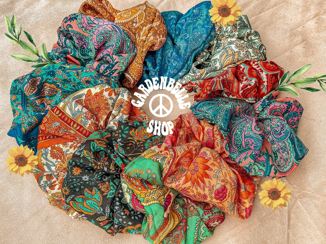 Recycled Silk Sari Boho Scrunchies, Bridesmaid Gift, Silk Hair ...