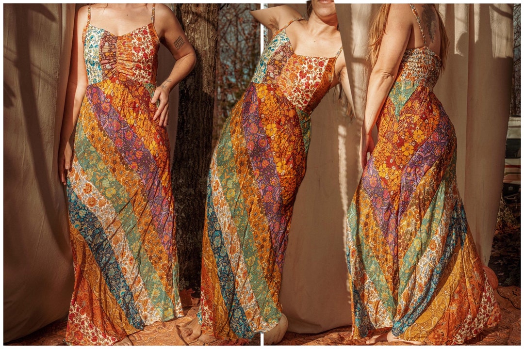 Bohemian Patchwork Rainbow Silk Dress, Gorgeous Hippie Boho Maxi Dress ...