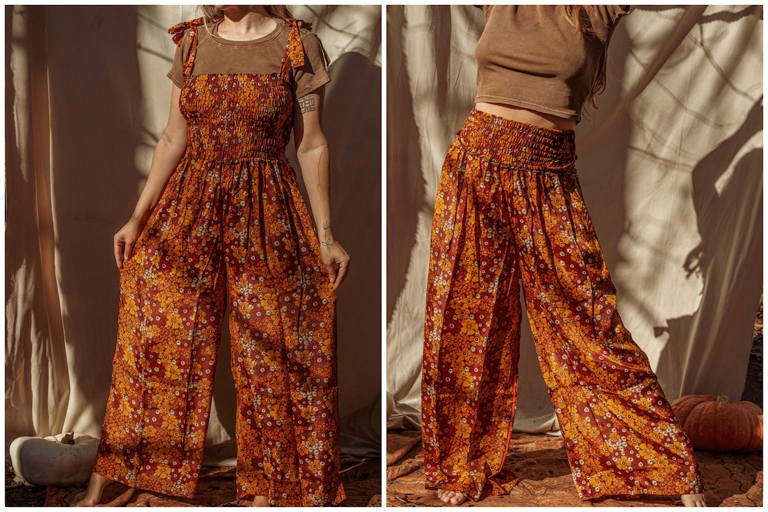 2-in-1 Hippie Silk Wide Leg Jumpsuit, Flare Pants, Fall Outfit ...