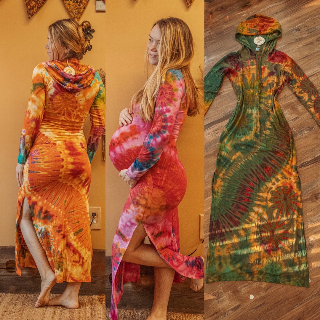 Hippie Bohemian Tie Dye Long Hoodie Dress, Comfortable Maternity Dress ...