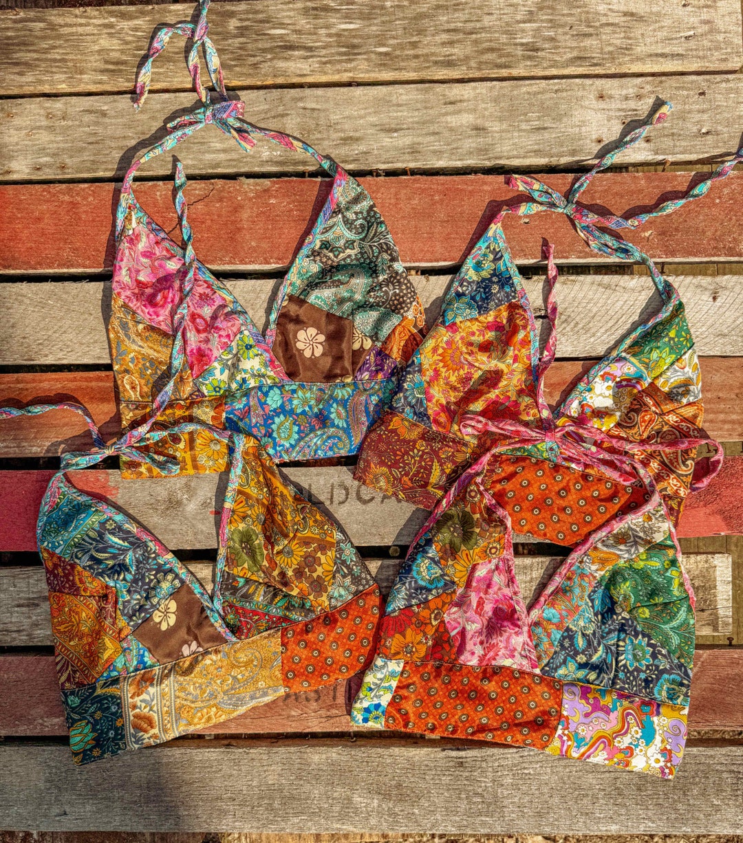 Hippie Boho Festival Recycled Patchwork Bralette, Summer Colorful Bra Top, Halter Top XS-3X ...