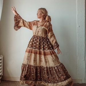 Desert Solstice Hippie Boho Maxi Dress, Earthy Print Bell Sleeve Tiered ...