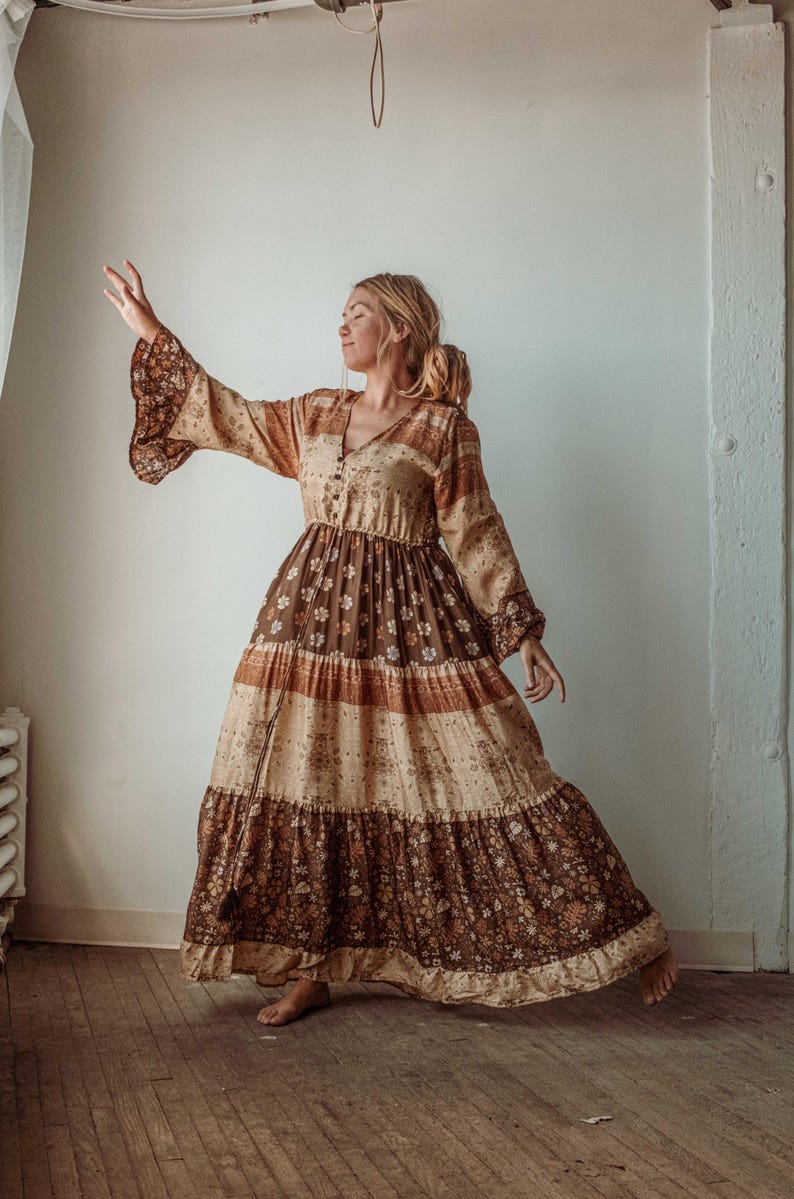 Desert Solstice Hippie Boho Maxi Dress, Earthy Print Bell Sleeve Earth ...