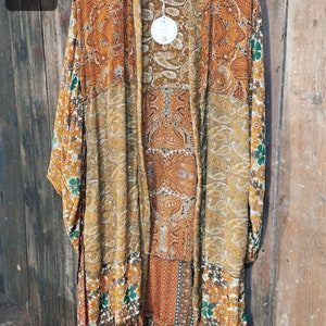 Golden Hour Hippie Bohemian Patchwork Silk Kimono, Recycled Silk Bell ...