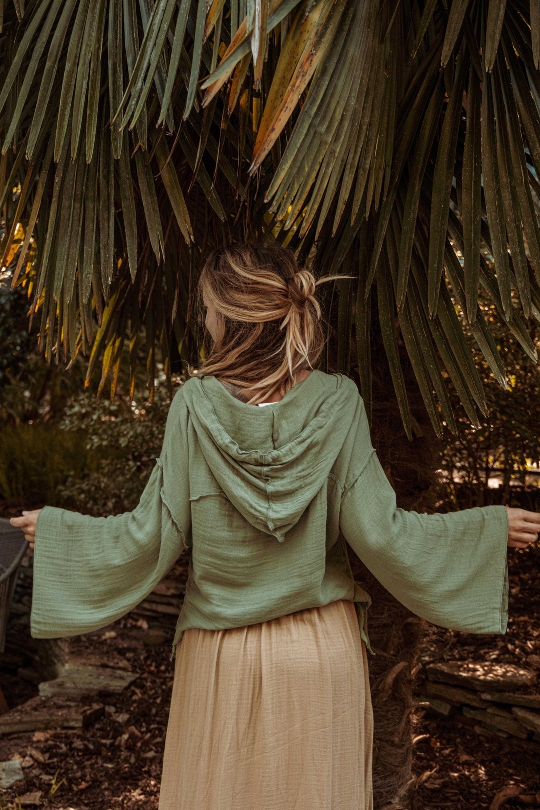 Boho Organic Cotton Bamboo Beachy Witchy Hoodie, Bohemian Grunge Crop ...