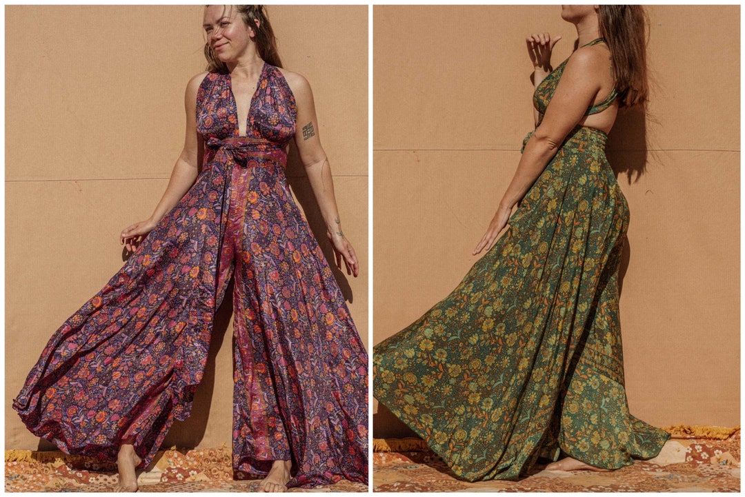 Hippie Boho Wide Leg Jumpsuit, Halter Tie Back Flare Pantsuit XS-4X ...