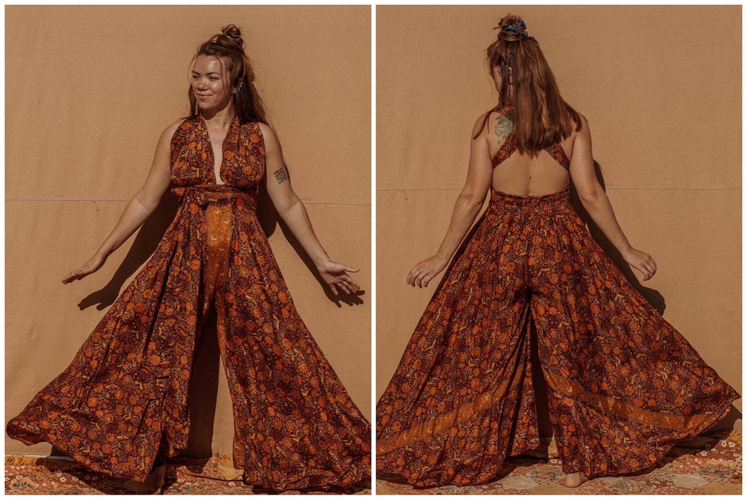 Hippie Boho Wide Leg Jumpsuit Halter Tie Back Flare Jumpsuit Xs 4x
