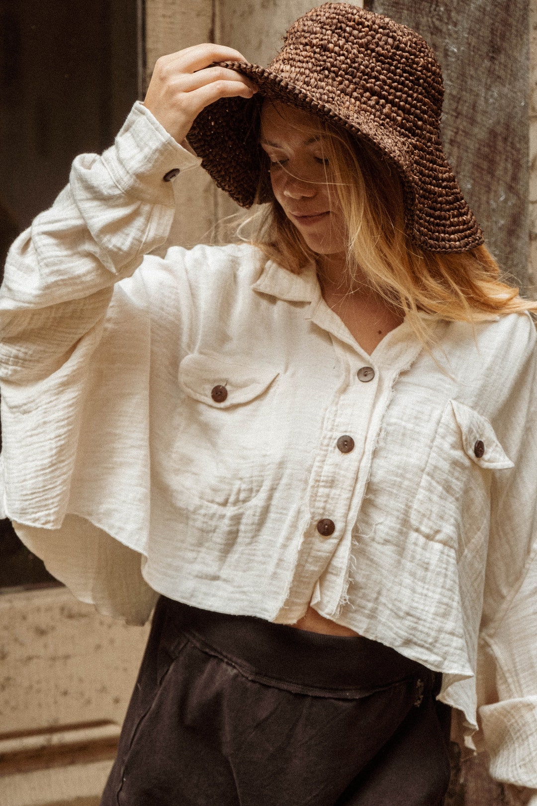 Beachy Bohemian Style Organic Bamboo Cotton Cropped Shacket, Earthy ...