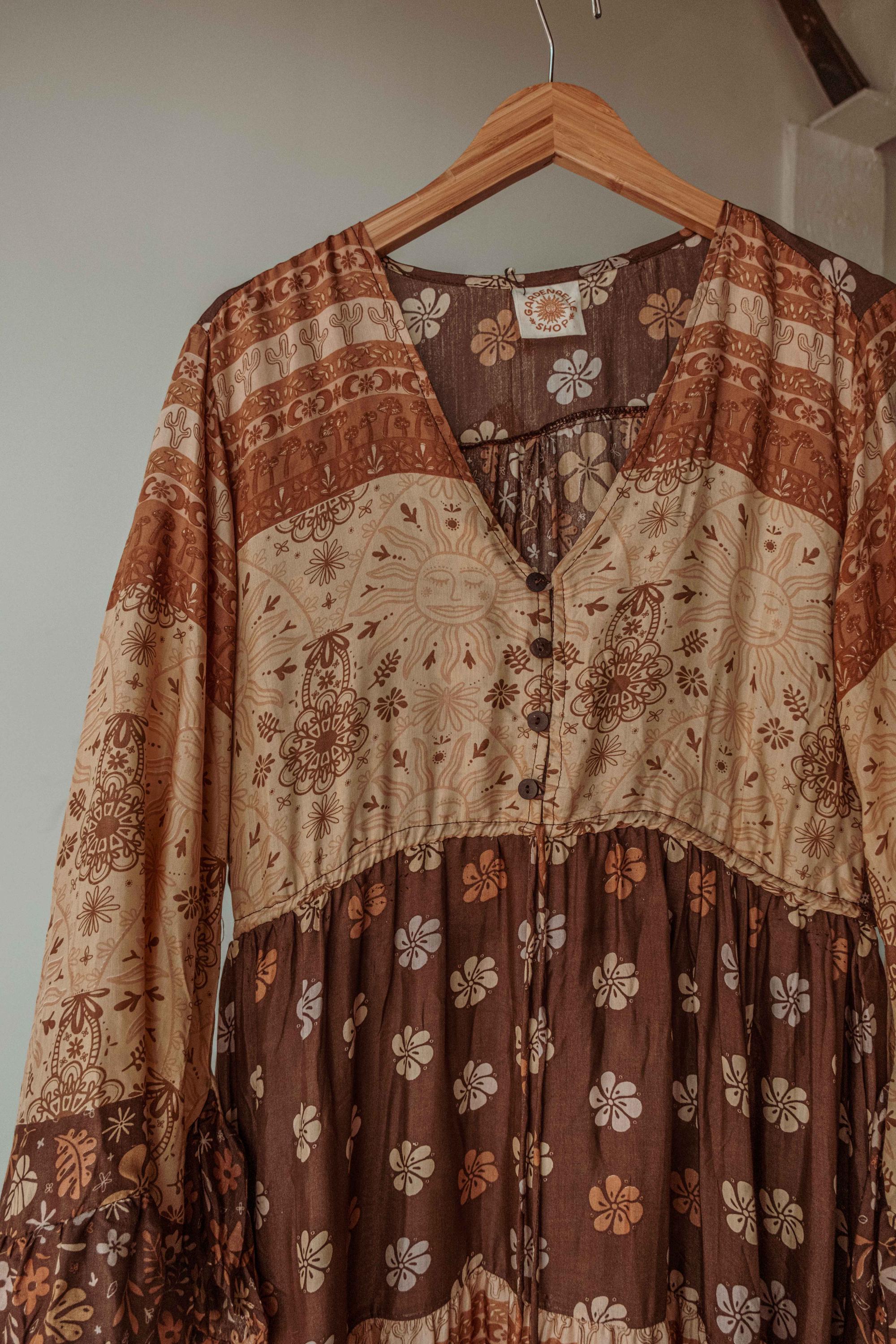 Desert Solstice Hippie Boho Maxi Dress, Earthy Print Bell Sleeve Earth ...