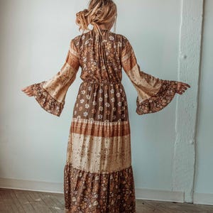 Desert Solstice Hippie Boho Maxi Dress, Earthy Print Bell Sleeve Tiered ...
