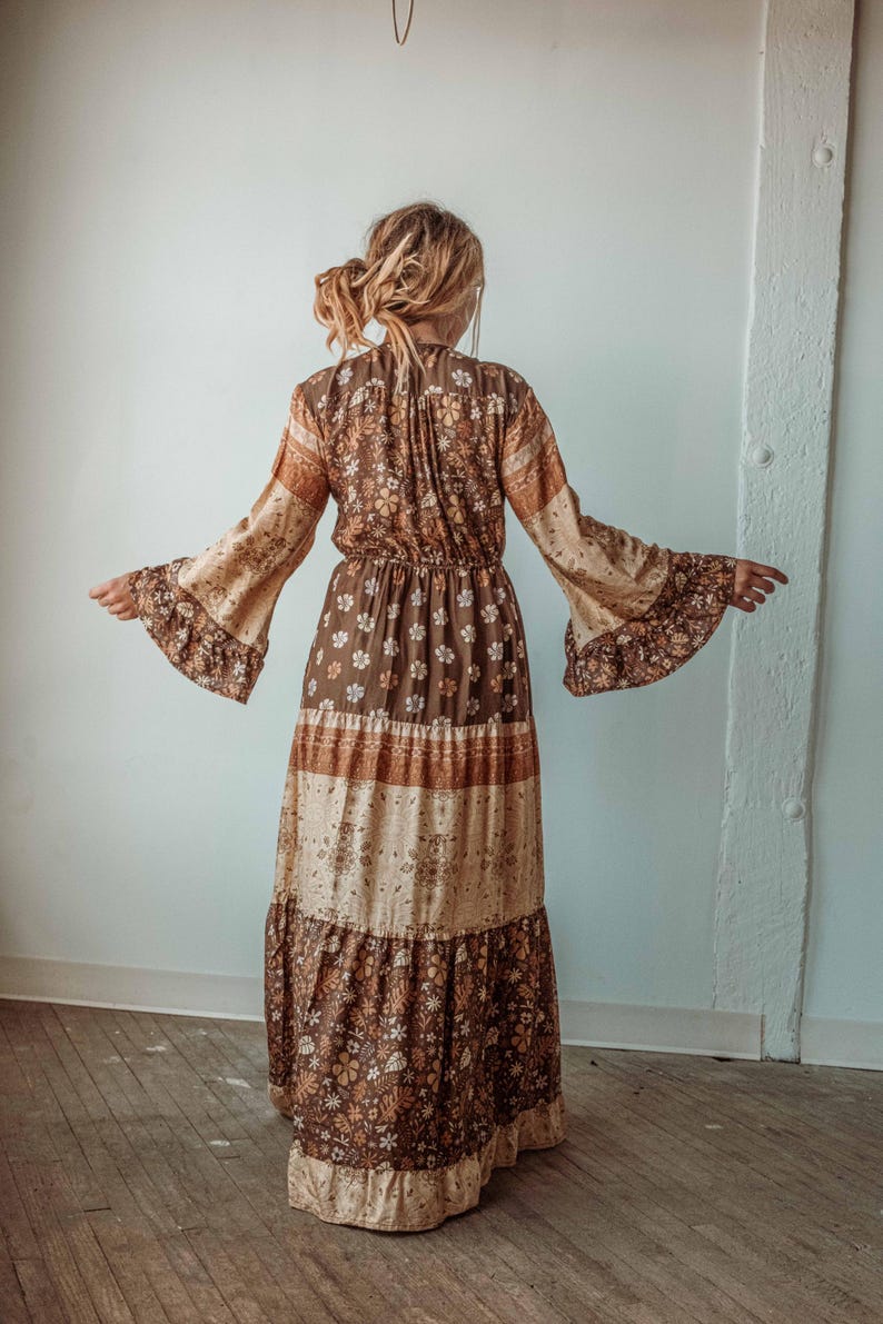 Desert Solstice Hippie Boho Maxi Dress, Earthy Print Bell Sleeve Earth ...