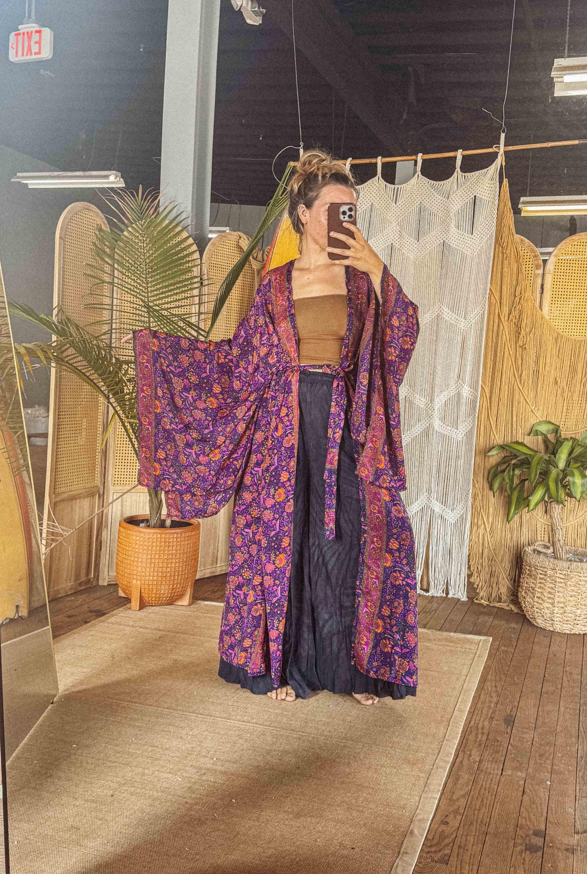 Hippie Boho Maxi Silk Elegant Kimono, Bell Sleeve Bohemian Maxi ...