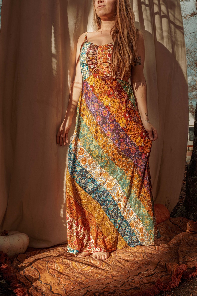 Bohemian Patchwork Rainbow Silk Dress Gorgeous Hippie Boho - Etsy