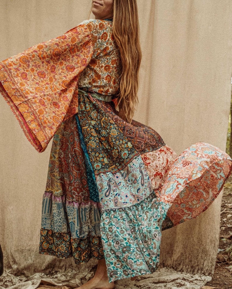 Hippie Bohemian Patchwork Silk Kimono Recycled Silk Bell - Etsy