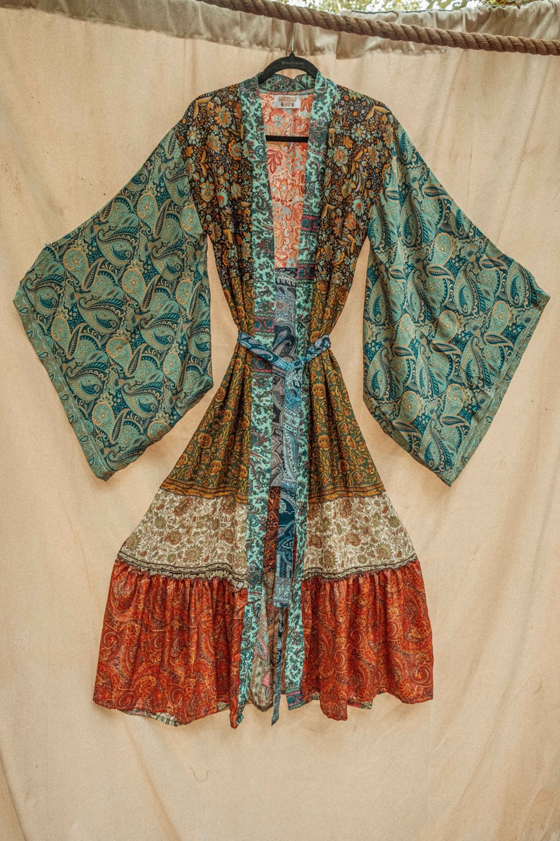 Hippie Bohemian Patchwork Silk Kimono Recycled Silk Bell - Etsy