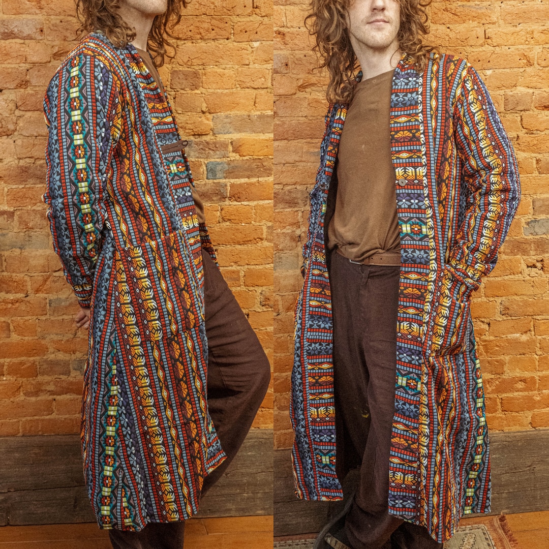 Hippie Bohemian Men’s Women’s Long Trench Coat, Psychedelic Woven ...