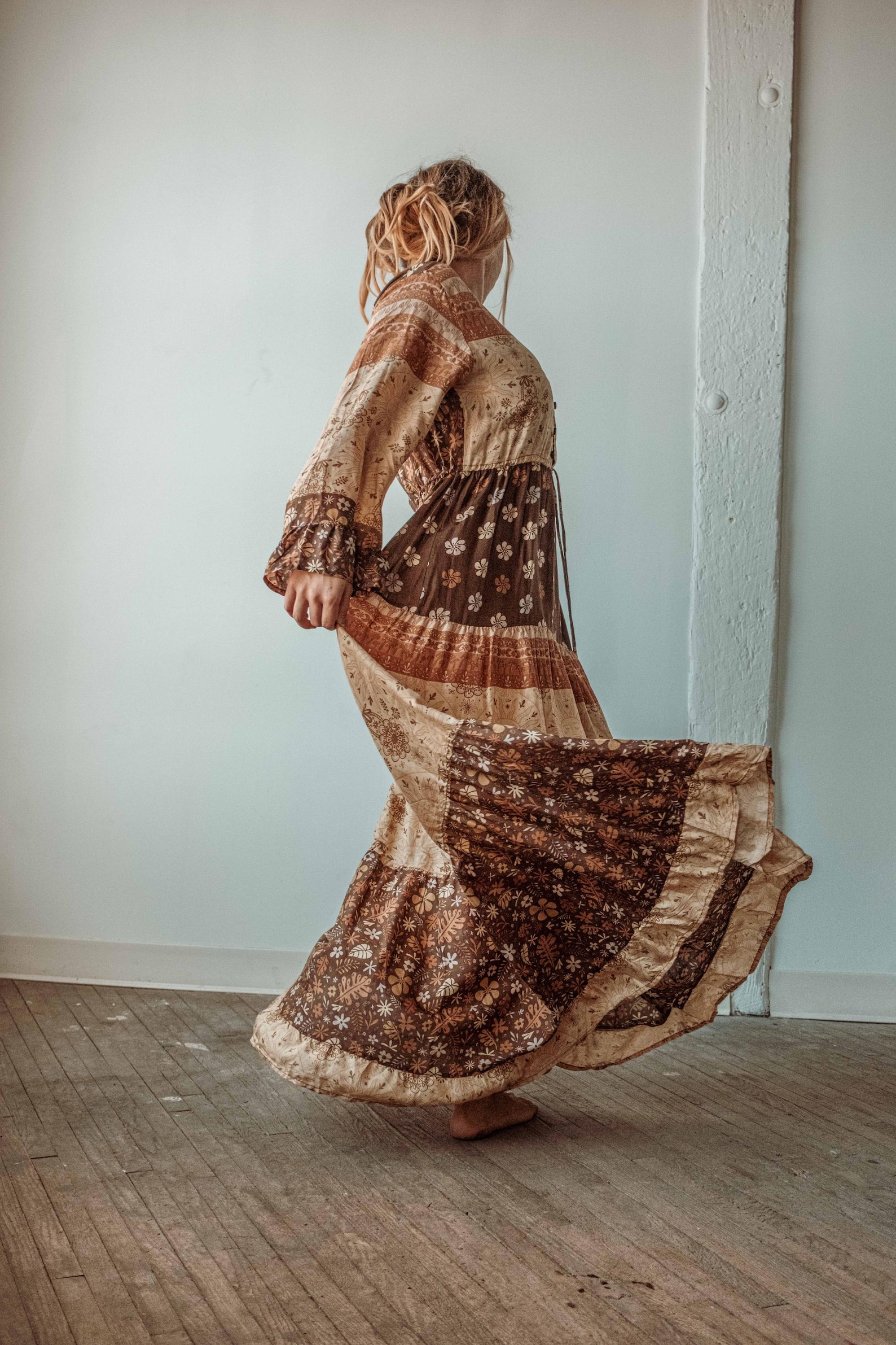 Desert Solstice Hippie Boho Maxi Dress, Earthy Print Bell Sleeve Tiered ...
