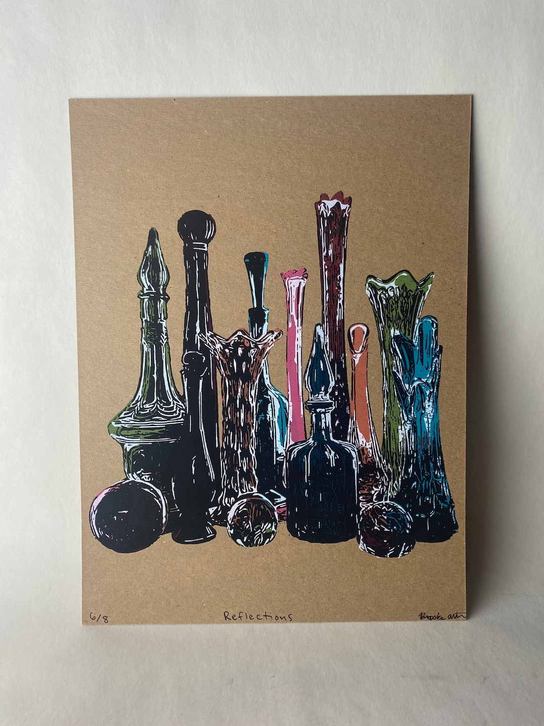 Handmade Screen Printed Art Print With Mid Century Glass Vases and ...