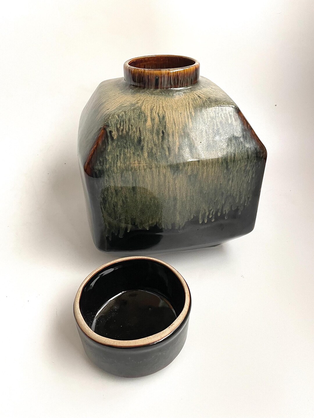 Vintage Stoneware Pottery Jar With Lid| Black and Natural Drip Glaze ...