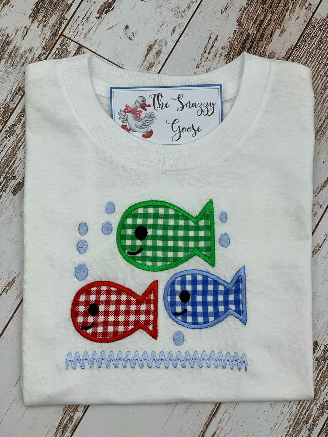 Gingham Fish With Bubbles Applique Short Sleeve Tshirt - Etsy UK