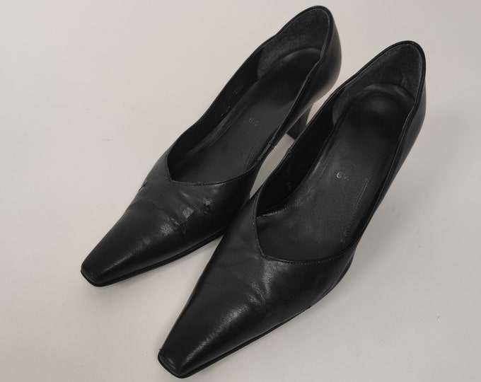 Vintage 90s Black Pointed Leather Pumps Size 6.5 90s Retro Old School ...