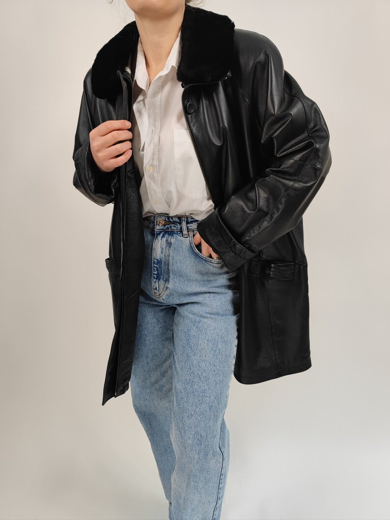 Vintage 90s Black Leather Jacket Fur Size L 90s Retro Leather Jacket ...