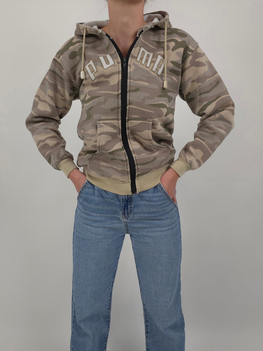 Vintage 90s Green Camouflage Puma Zipper Hoodie Size S 90s Retro ...