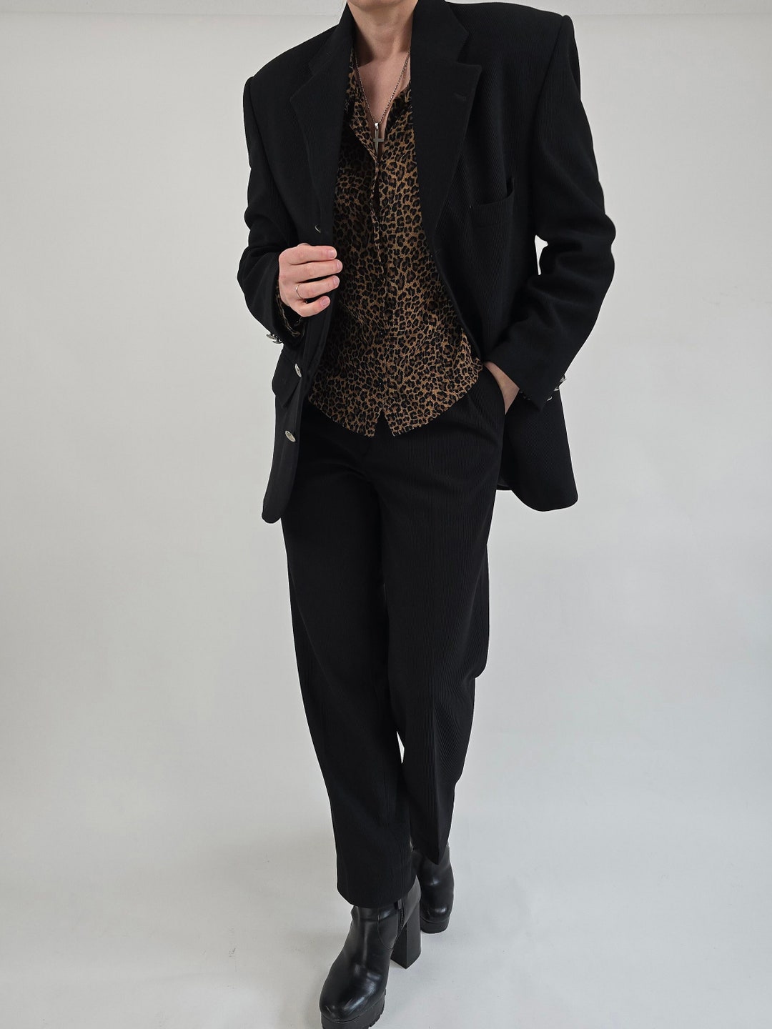 Vintage 80s Black Ripped Suit Size S 80s Retro Suit Black Ribbed Jacket ...