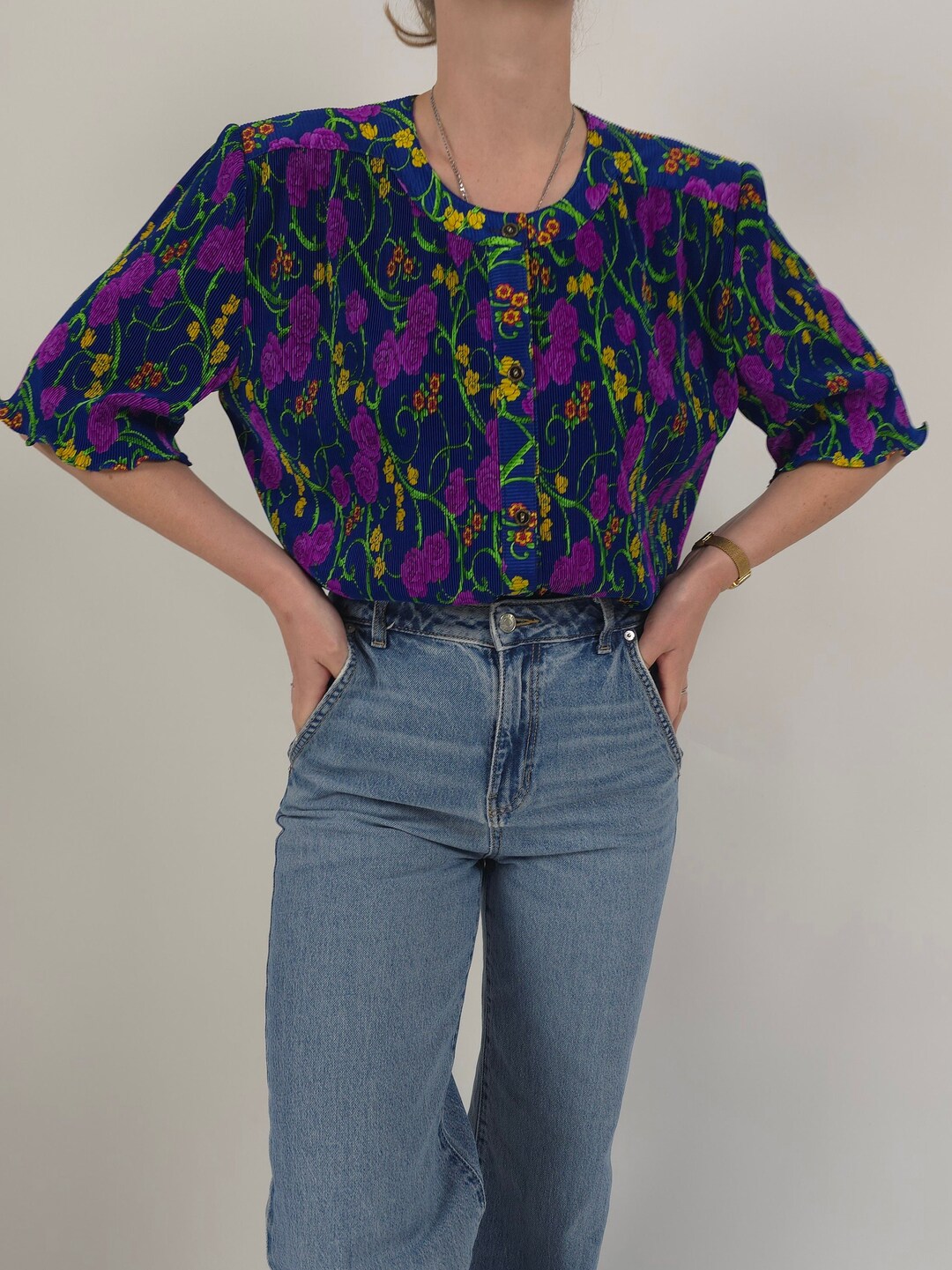Vintage 80s blue colorful floral shirt size M 80er Jahre Retro Bluse blau Blumen bunt - Etsy.de