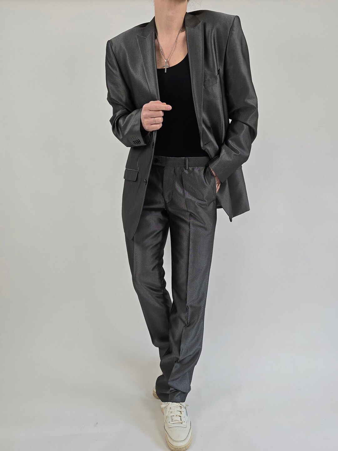 Vintage 90s Grey Shiny Men Suit Size M-L 90s Retro Business Suit Men ...