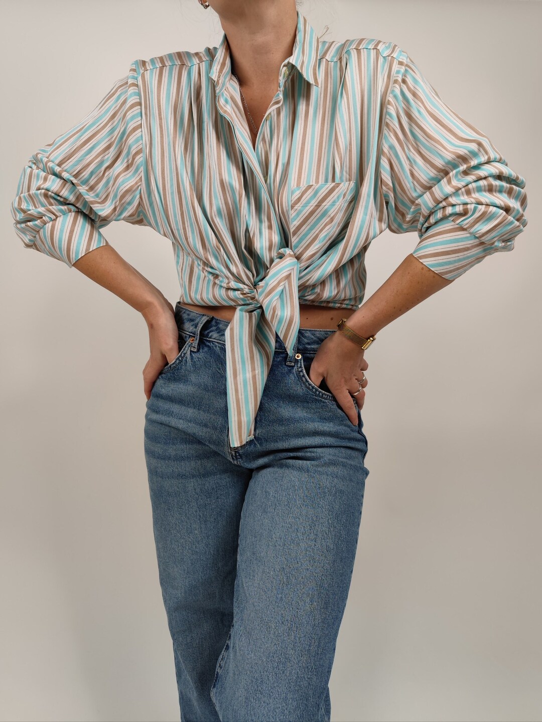 Vintage 80s white blue beige stripes blouse size L 80er Jahre Retro ...