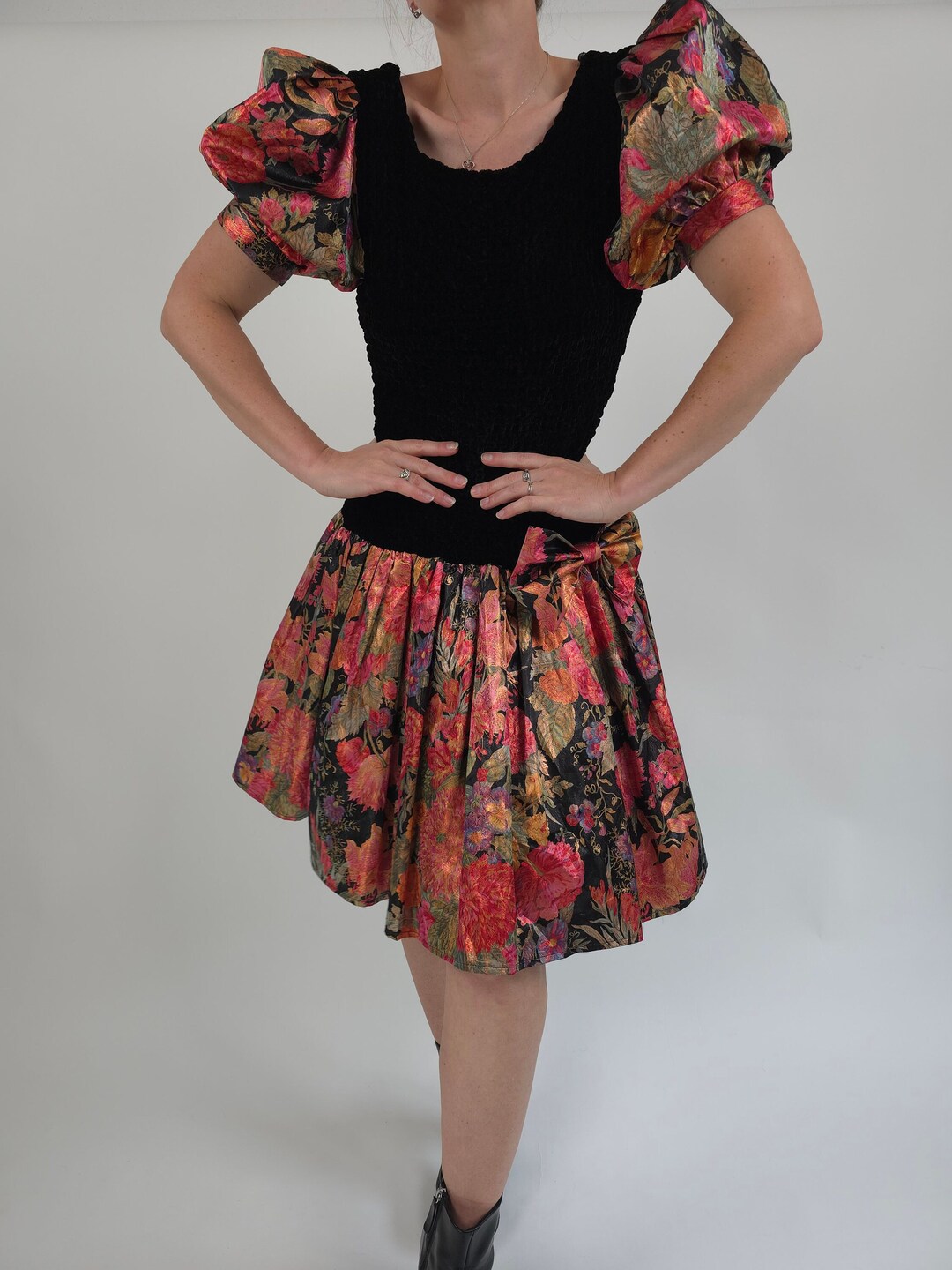 Vintage 80s Pink Orange Floral Black Velvet Dress Size M-L 80s Retro ...