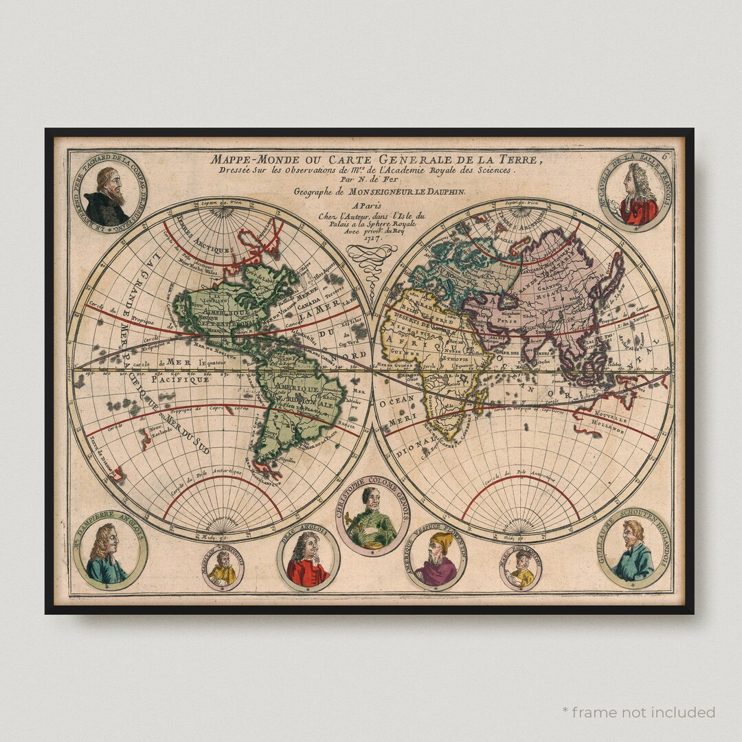 1717 General Map of the Earth, 18th Century Antique Map of the World ...