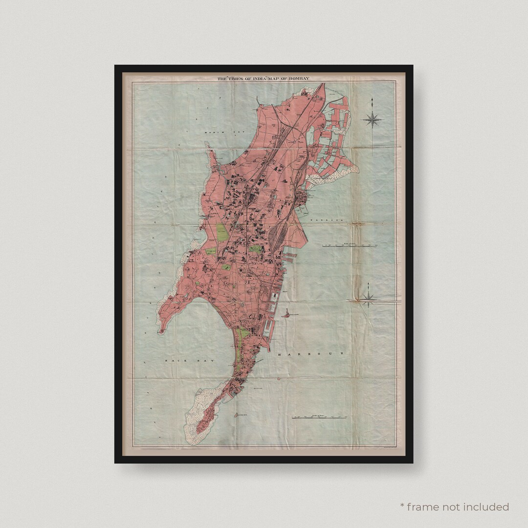1895 Times of India Map of Bombay, India, Antique Map of Bombay, Old ...