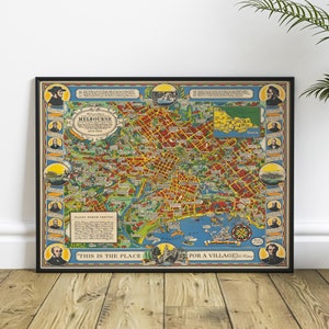 1934 Pictorial Map of the City and Surroundings of Melbourne, Antique ...