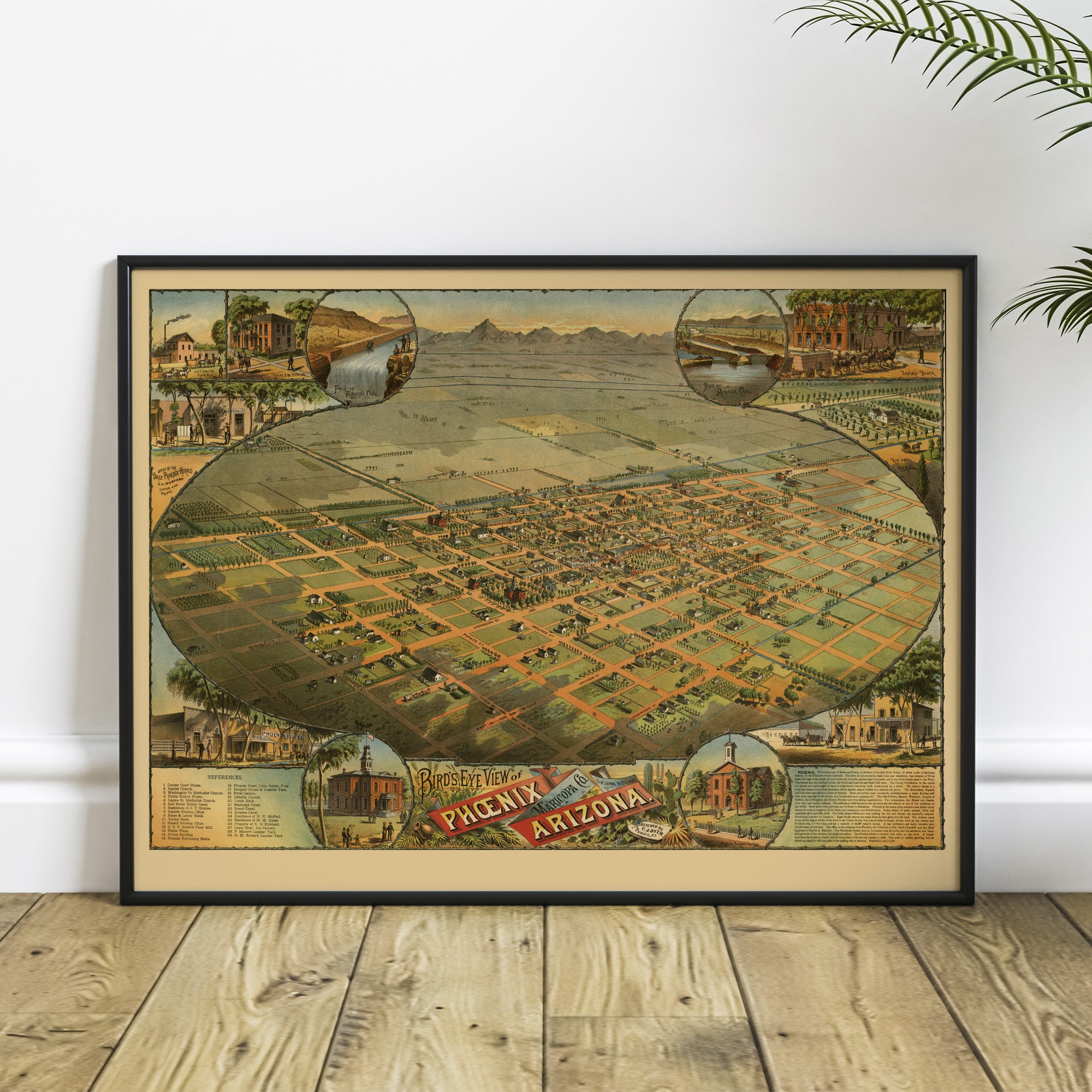 1885 Phoenix Aerial Map, Antique Map of Phoenix, Old Historical Map of ...
