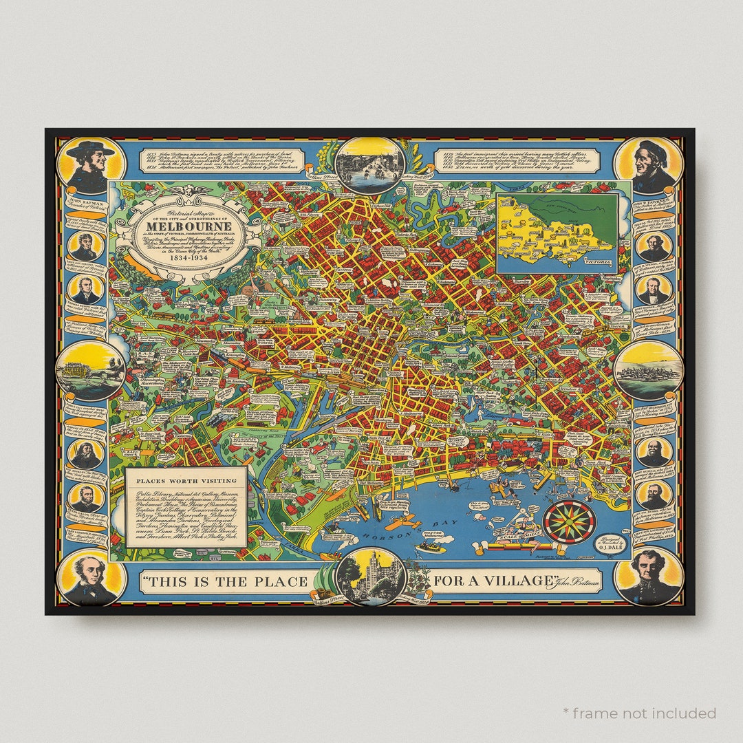 1934 Pictorial Map of the City and Surroundings of Melbourne, Antique ...