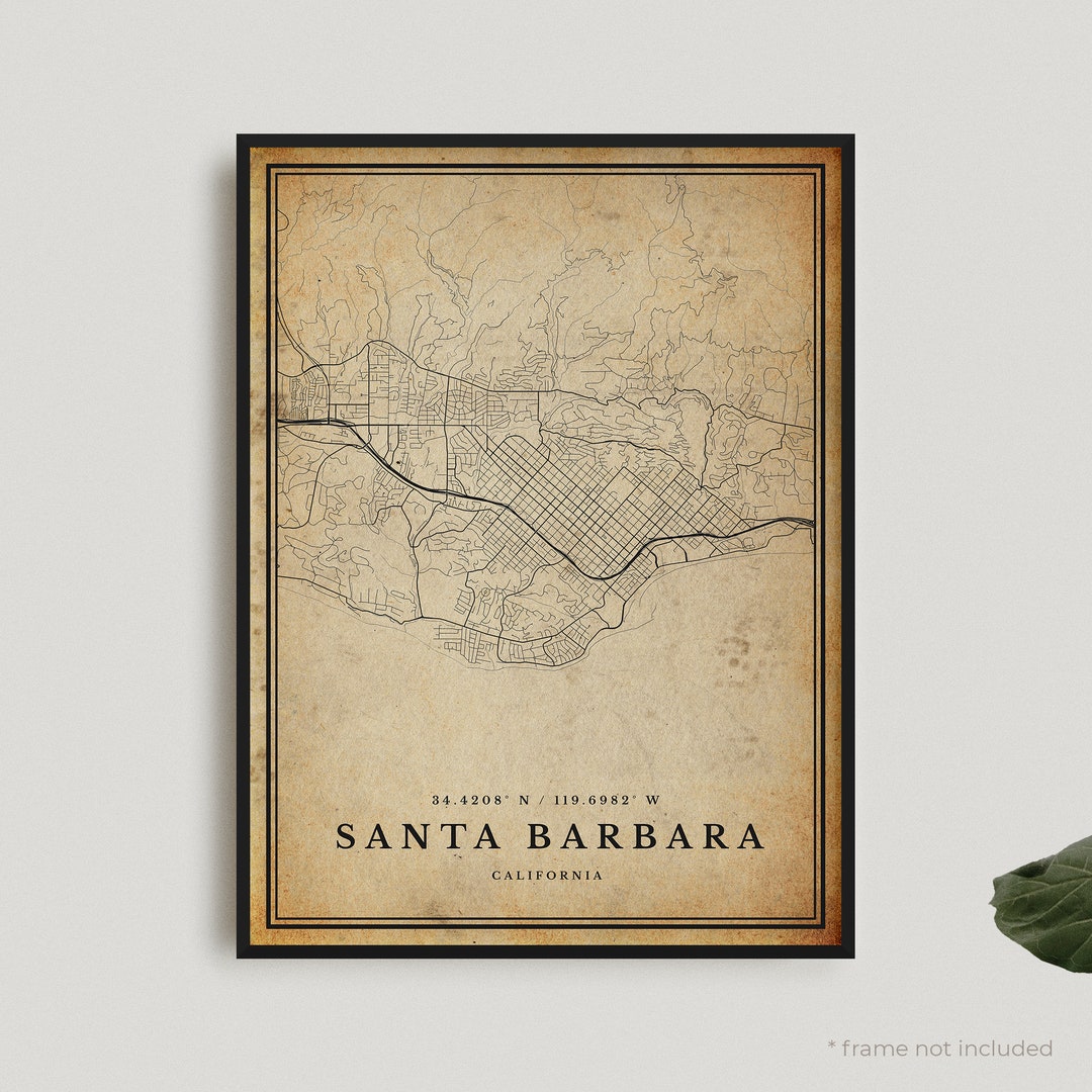 Santa Barbara Vintage Map Print, Santa Barbara Retro Map Poster ...