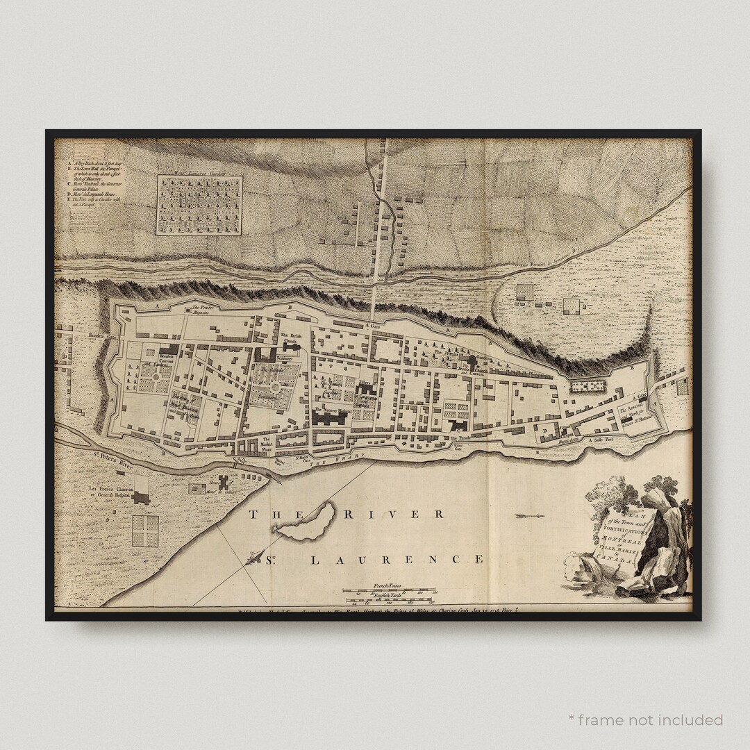 1758 Map of Montreal, Antique Map of Montreal, Old Historical Map of ...