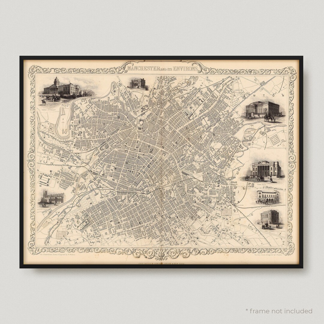 1851 Manchester and Its Environs, Antique Map of Manchester, Old ...