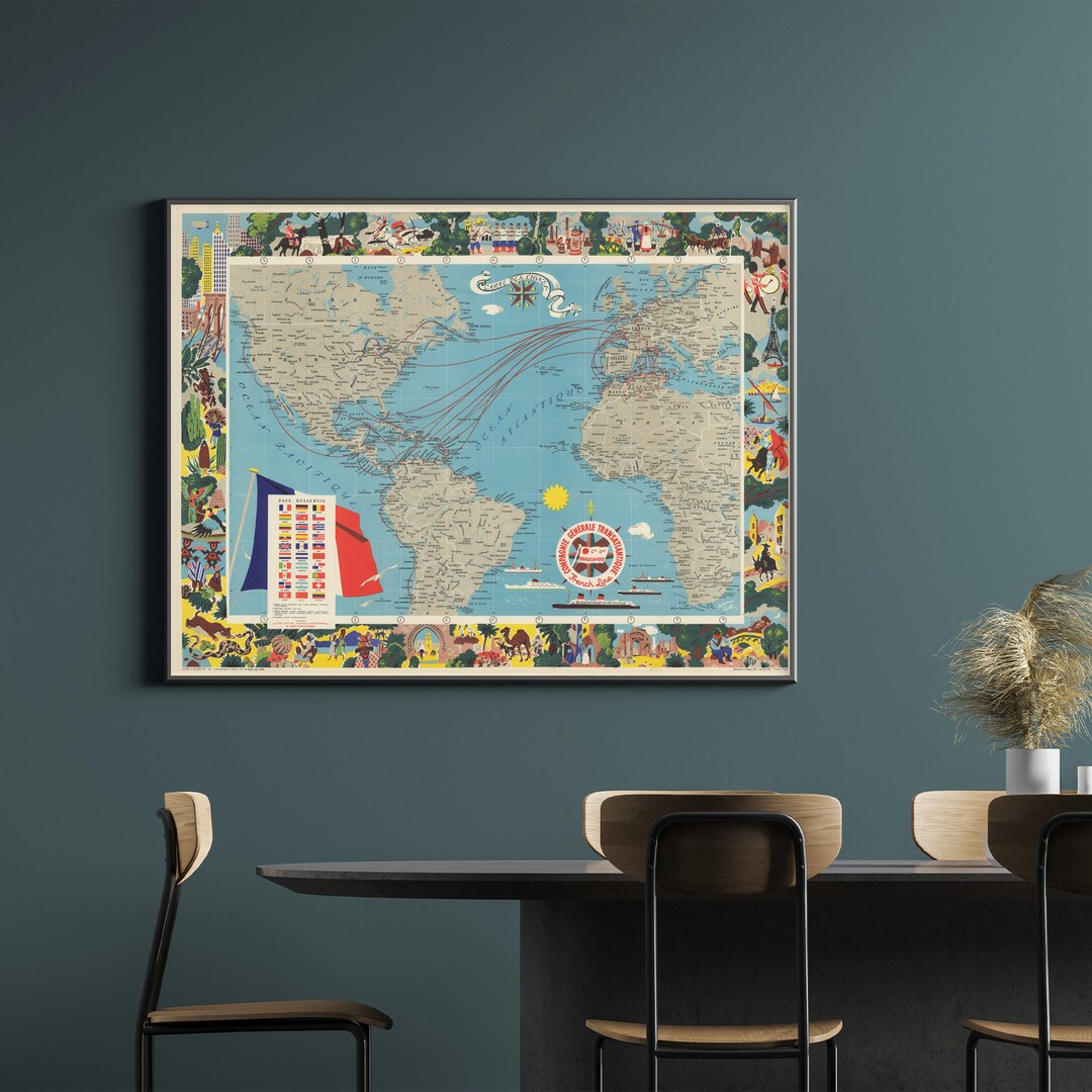 1959 Line Map. Transatlantic Campaign. French Line, Atlantic Ocean Sea ...