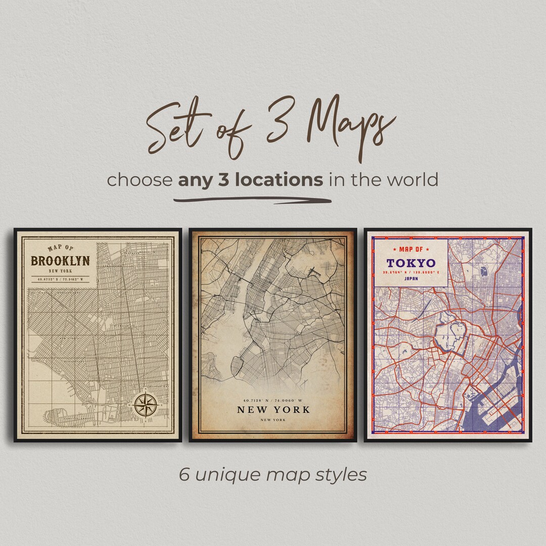Set of 3 ANY CITY Vintage Map Posters Personalized Antique Map Prints ...