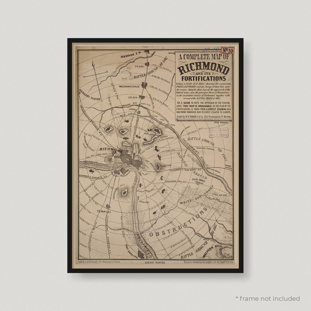 A Complete Map of Richmond and Its Fortifications, Antique Map of ...