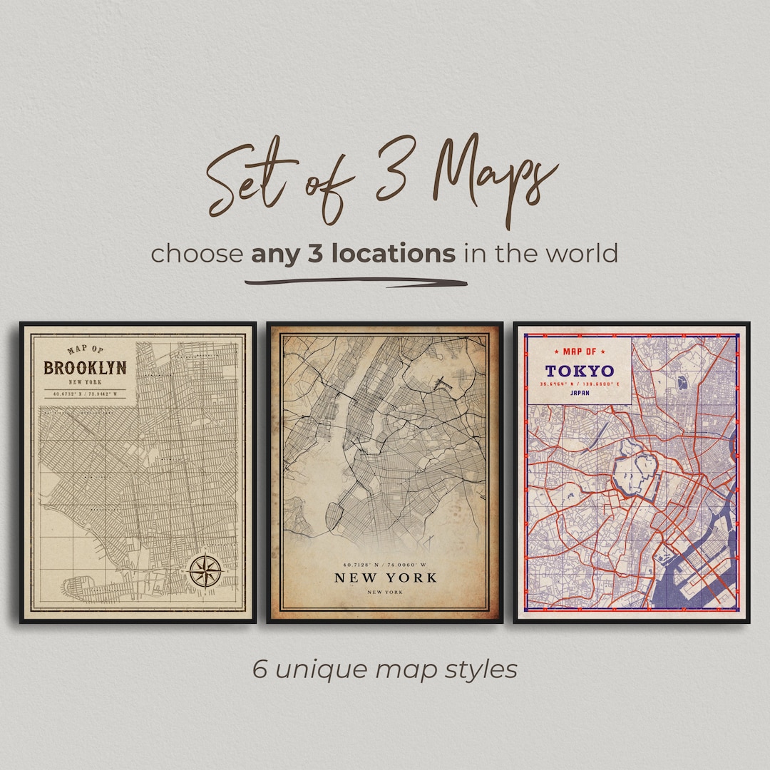 Set of 3 City Map Posters – Choose Your Style (6 Options), Personalized ...