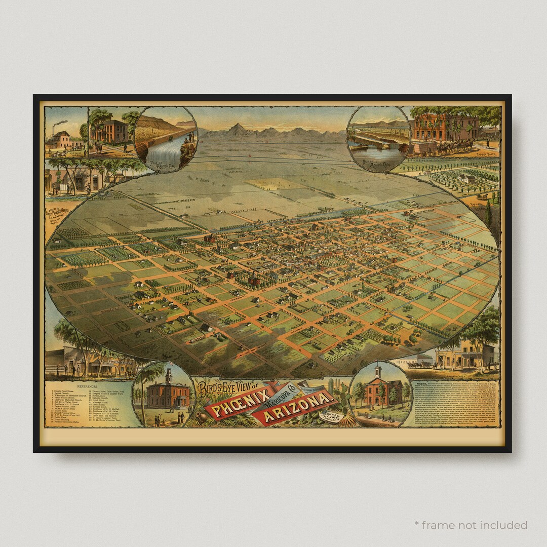 1885 Phoenix Aerial Map, Antique Map of Phoenix, Old Historical Map of ...