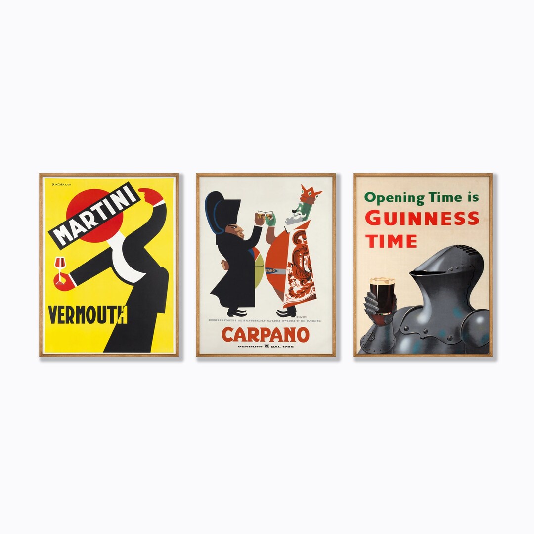 Set of 3 Vintage Alcohol Posters, Retro Liquor Ads, Beverage Antique ...