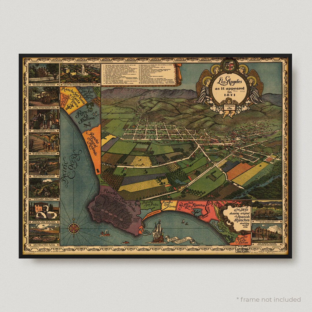 1871 Los Angeles as It Appeared, Antique Map of Los Angeles, Old ...