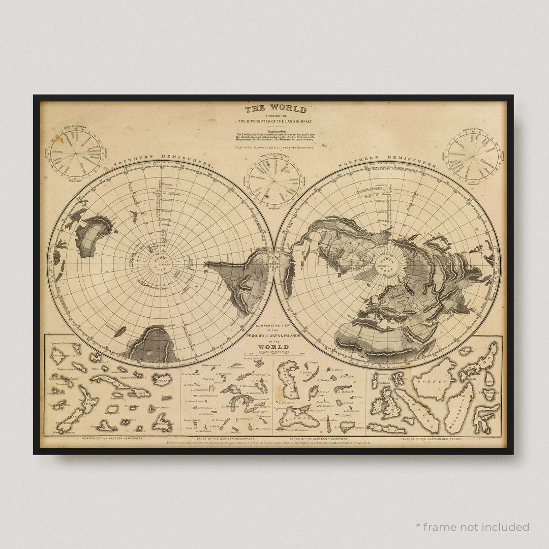1864 World Land Surface, 19th Century Antique Map of the World, Old Map ...