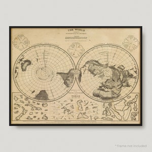 1864 World Land Surface, 19th Century Antique Map of the World, Old Map ...
