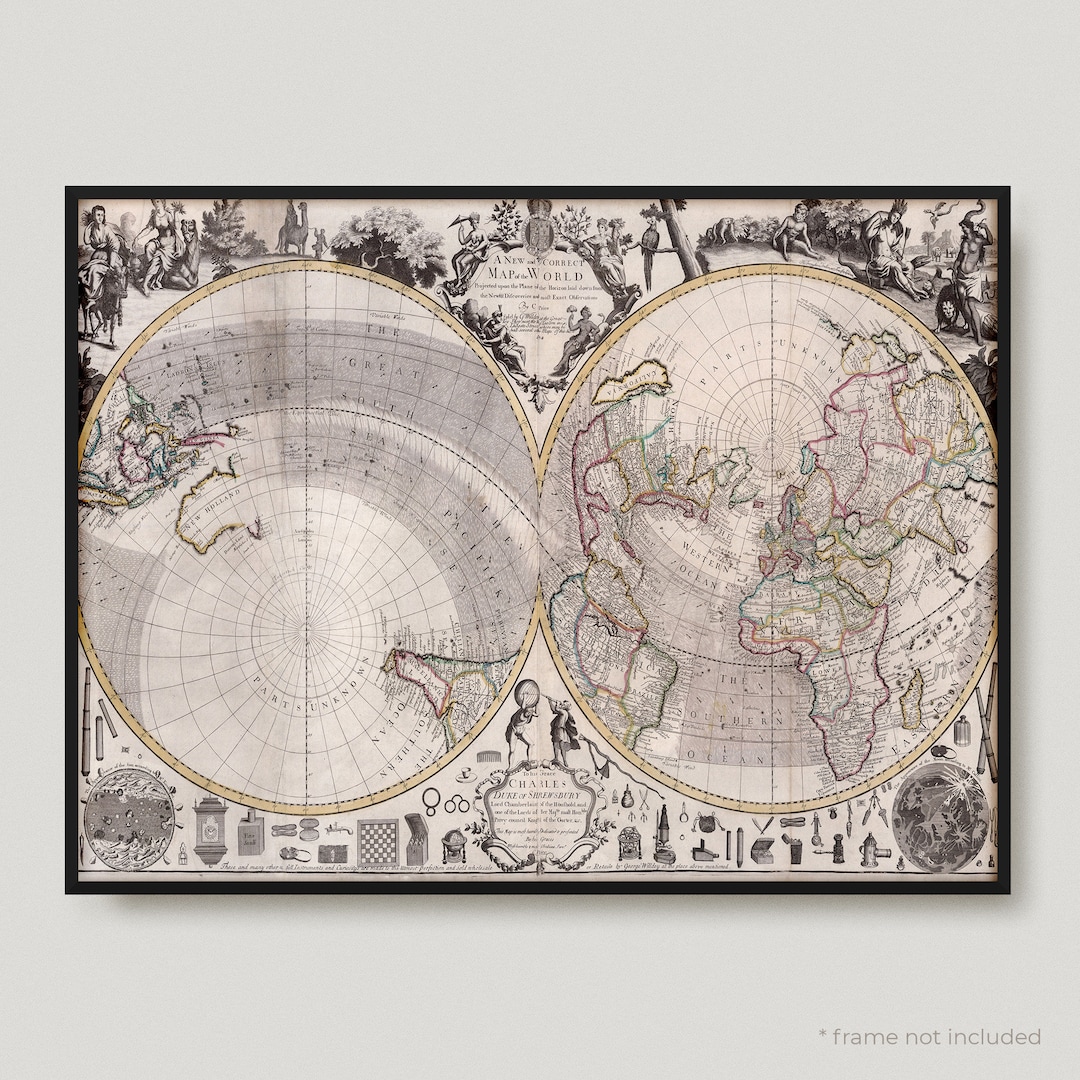 1714 Map of the World, 18th Century Antique Map of the World, Old Map ...